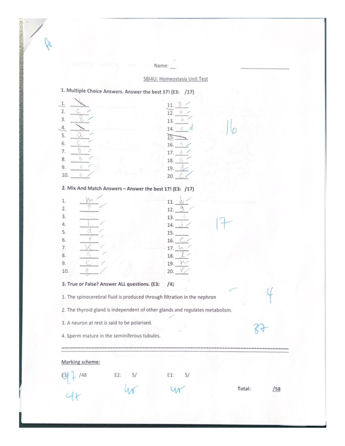 SBI4U Homeostasis Unit Test Answers and Marking Scheme - Studocu