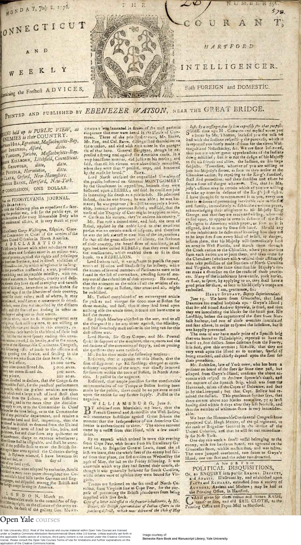 Ct courant history pages july1776 - 7, July 8, 1776, DO 578 ...