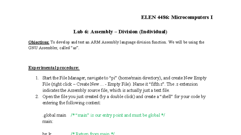 ELEN 4486: Lab 6 - ARM Assembly Division Function Guide - Studocu