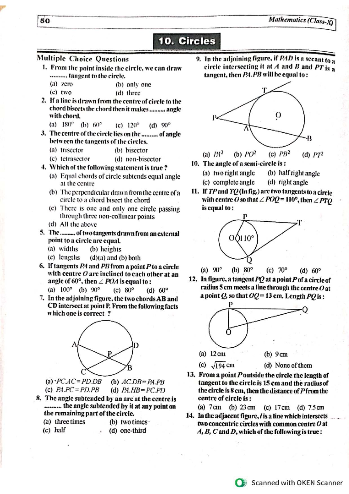 Mathematics 10: Important MCQs on Circles and Tangents - Studocu