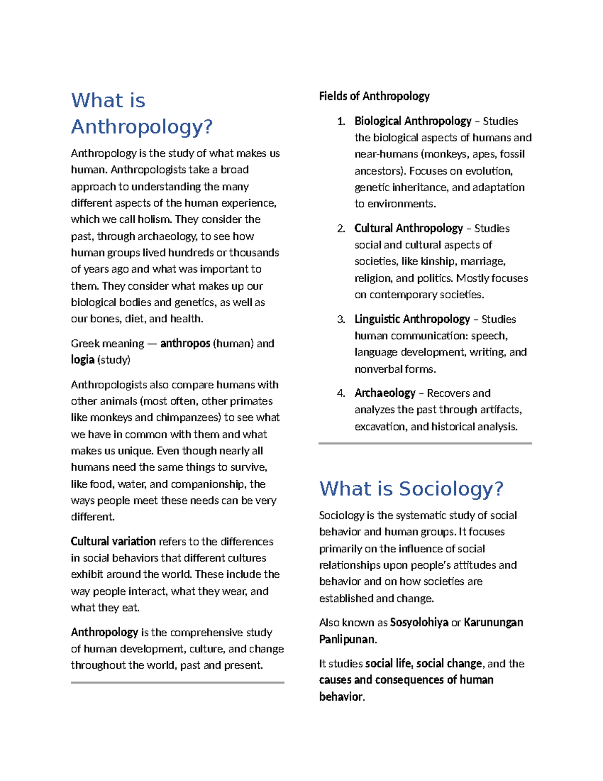 Lesson 1-4: Summary of Anthropology and Sociology Concepts - Studocu