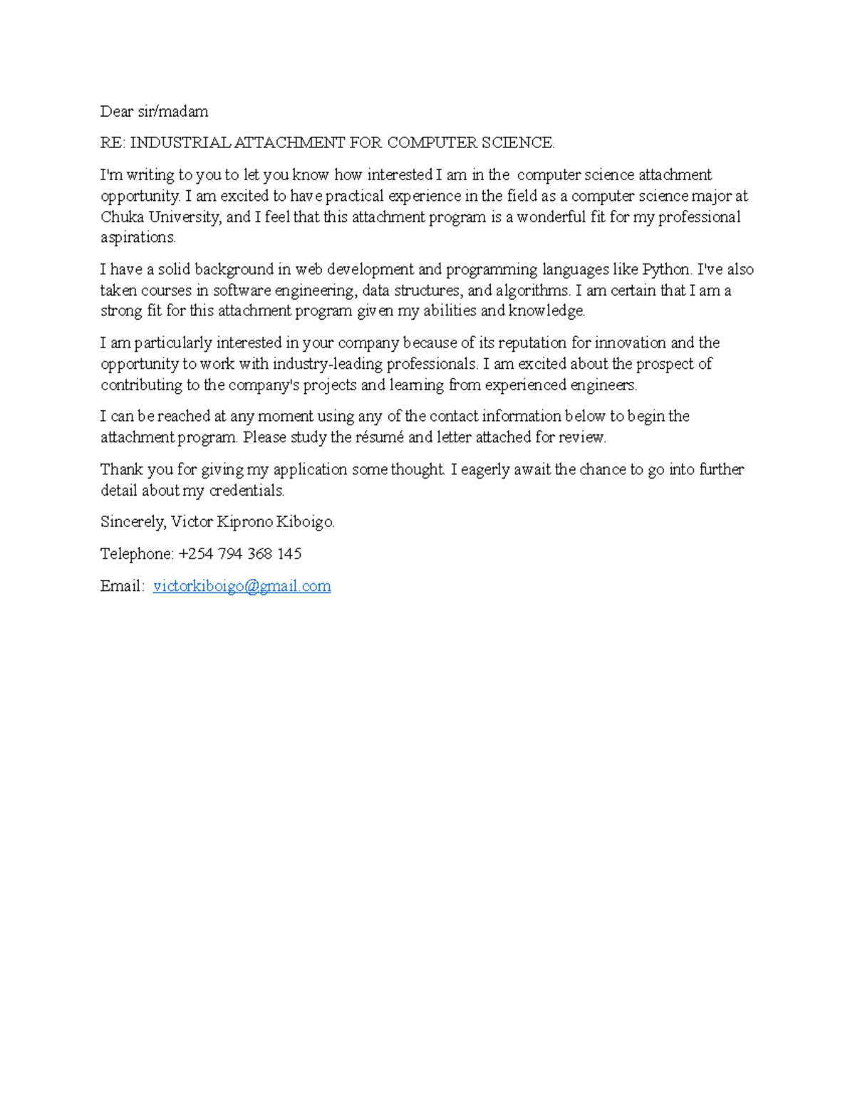 CSc 101: Cover Letter for Industrial Attachment Opportunity - Studocu