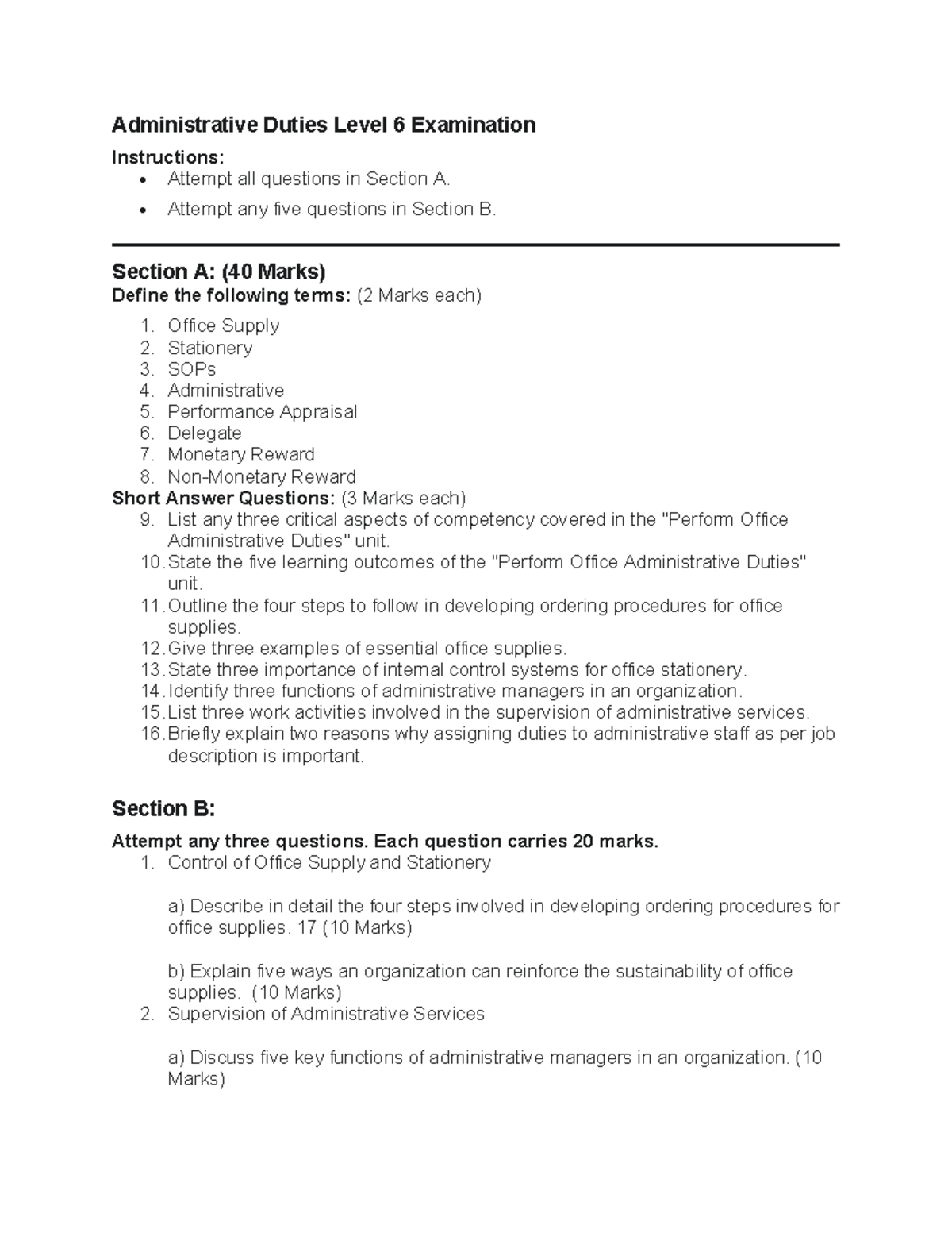 Administrative Duties Level 6 Exam: Instructions & Questions - Studocu
