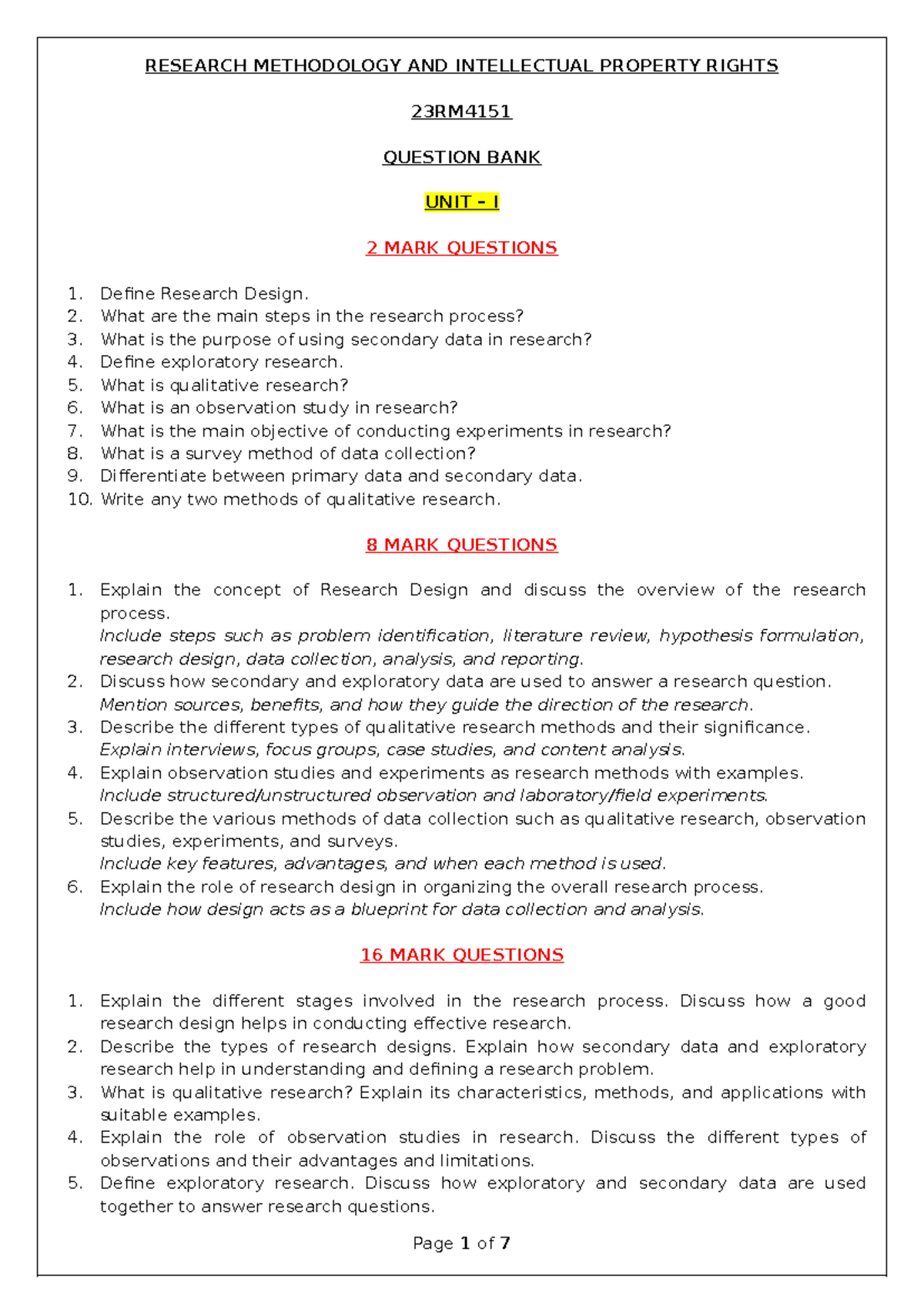 Research Methodology & IPR 23RM4151 Question Bank (All Units) - Studocu