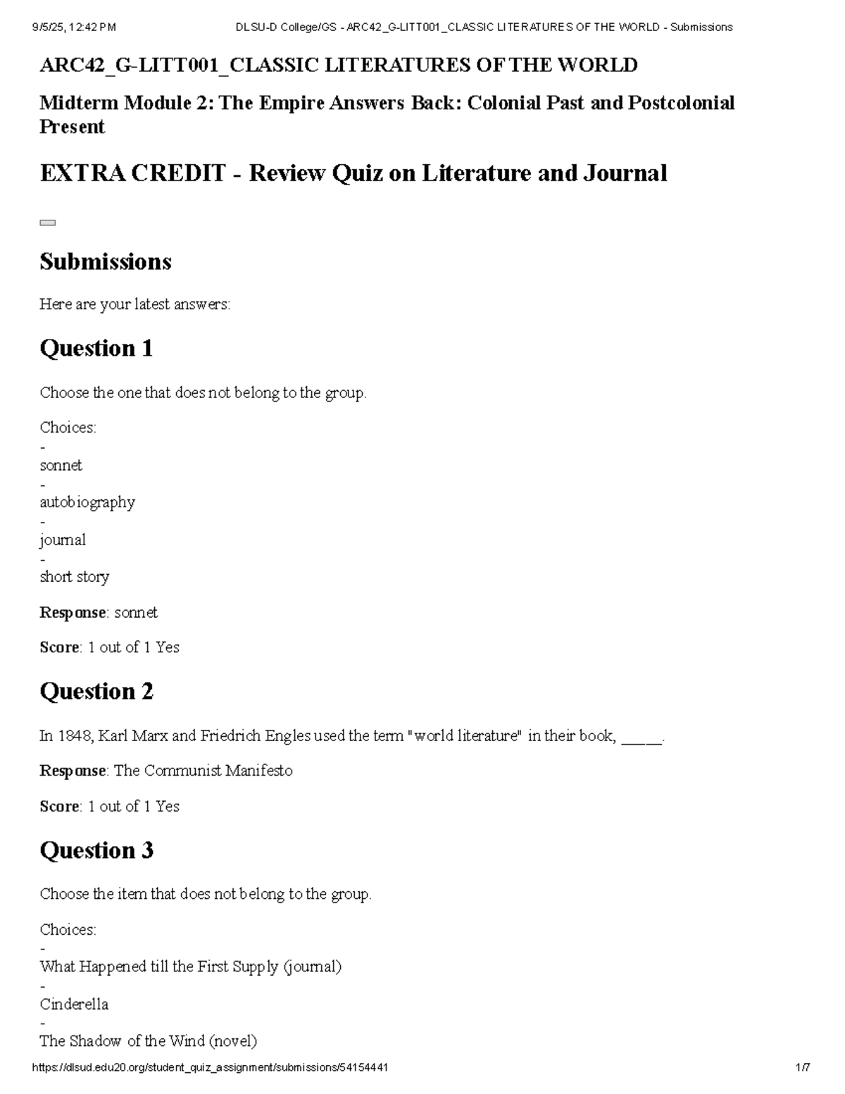 DLSU-D-GS-ARC42 G-LITT001 Midterm: Literatures of the World Quiz ...