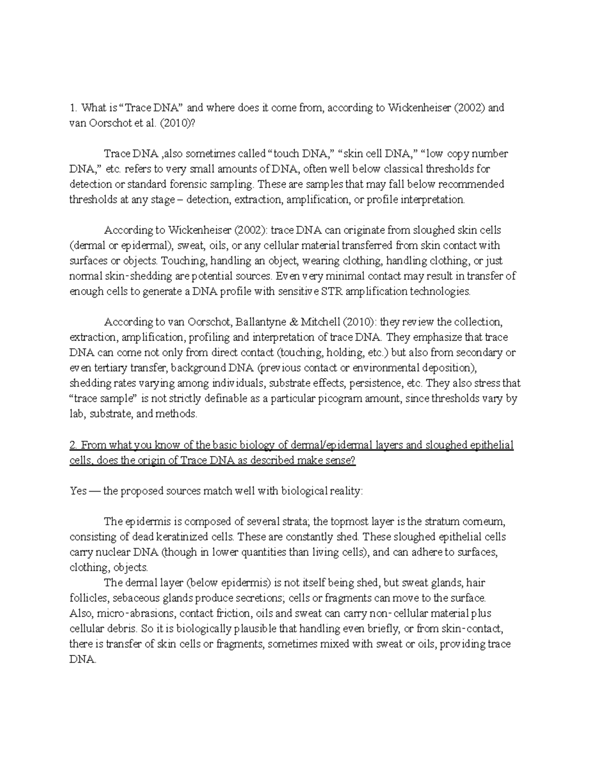 DNA Analysis Assignment 3: Understanding Trace DNA Sources and Methods ...