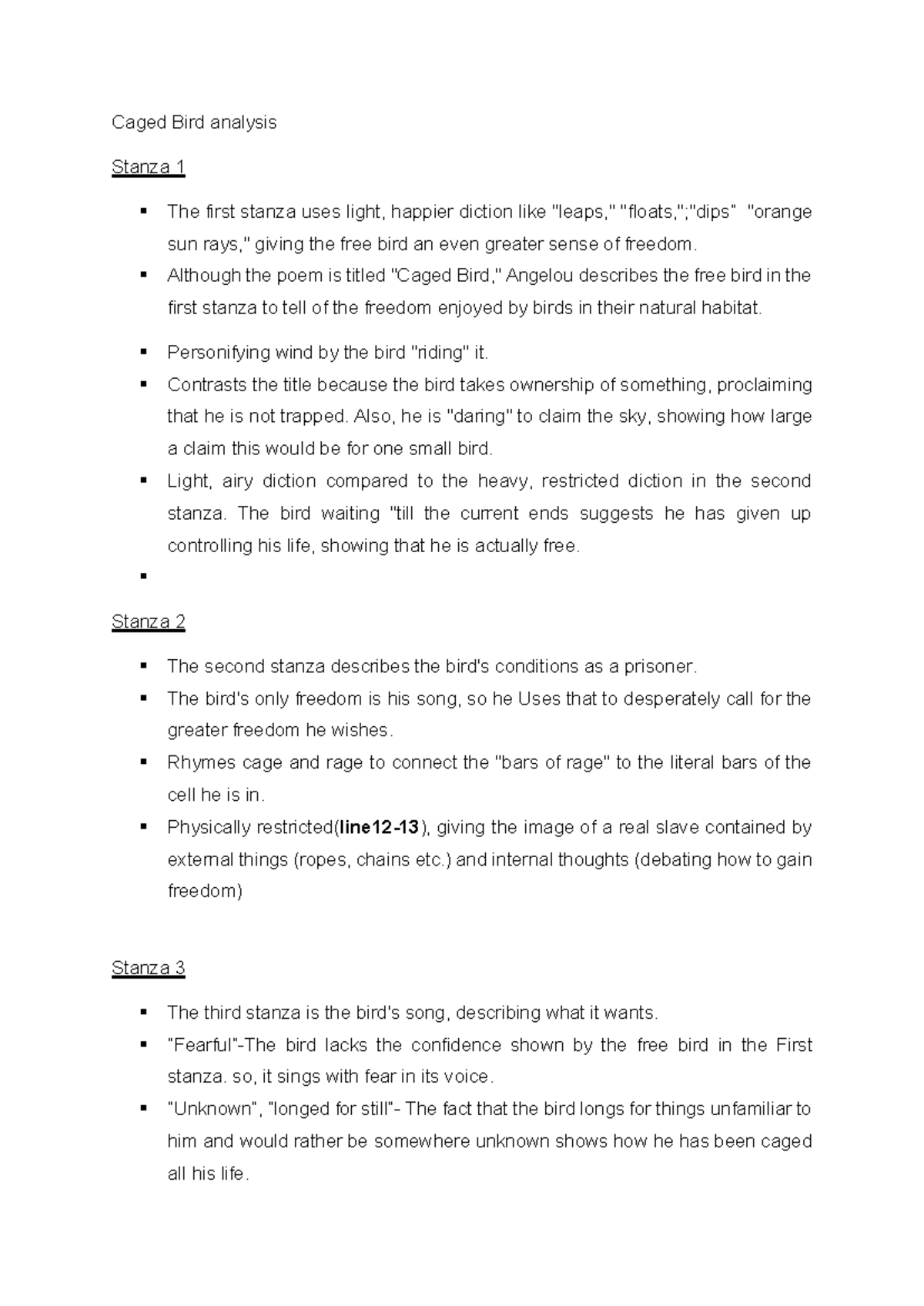 Caged Bird Analysis: Stanza Breakdown for Grade 10 - Studocu