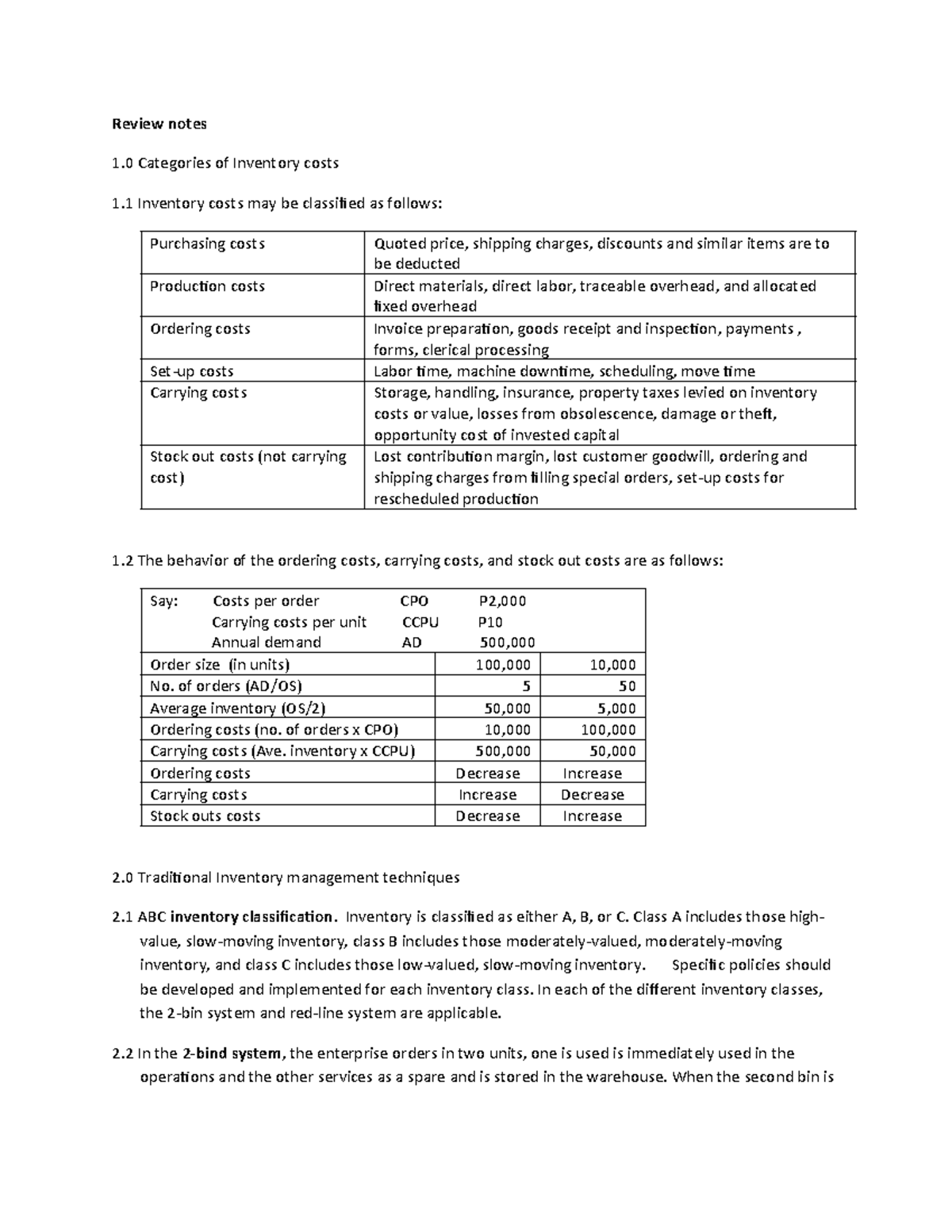 Pdfcoffee - Study well - Review notes 1 Categories of Inventory costs 1 ...