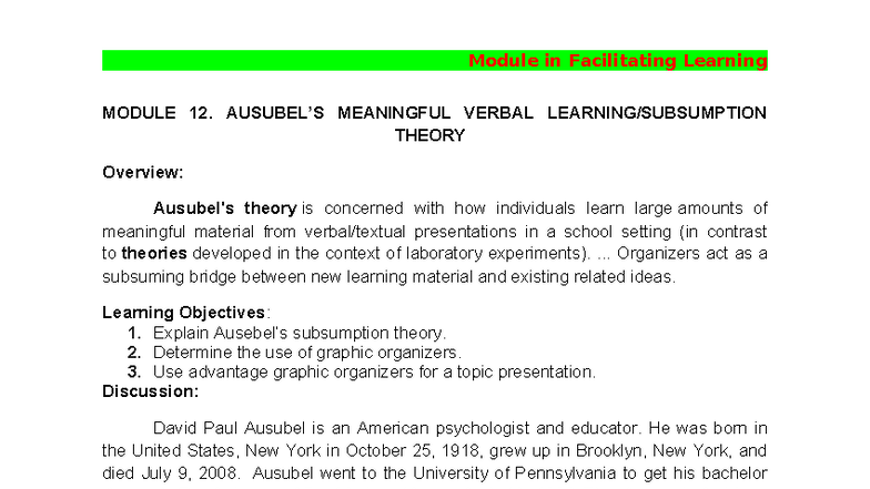 Facilitating Learning: Module 12 - Meaningful Verbal Theory Insights - Studocu