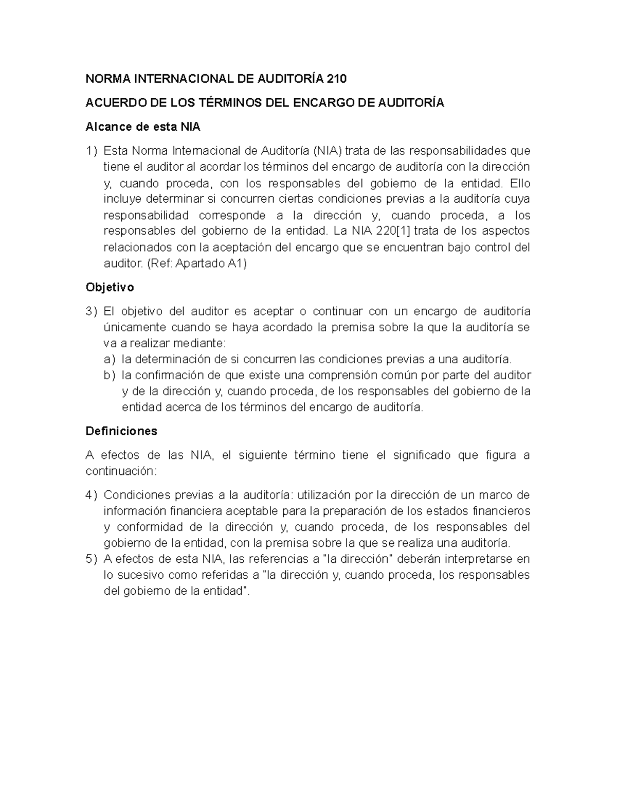 NIA 210 - Acuerdo de Términos en Auditoría: Responsabilidades y Alcance ...