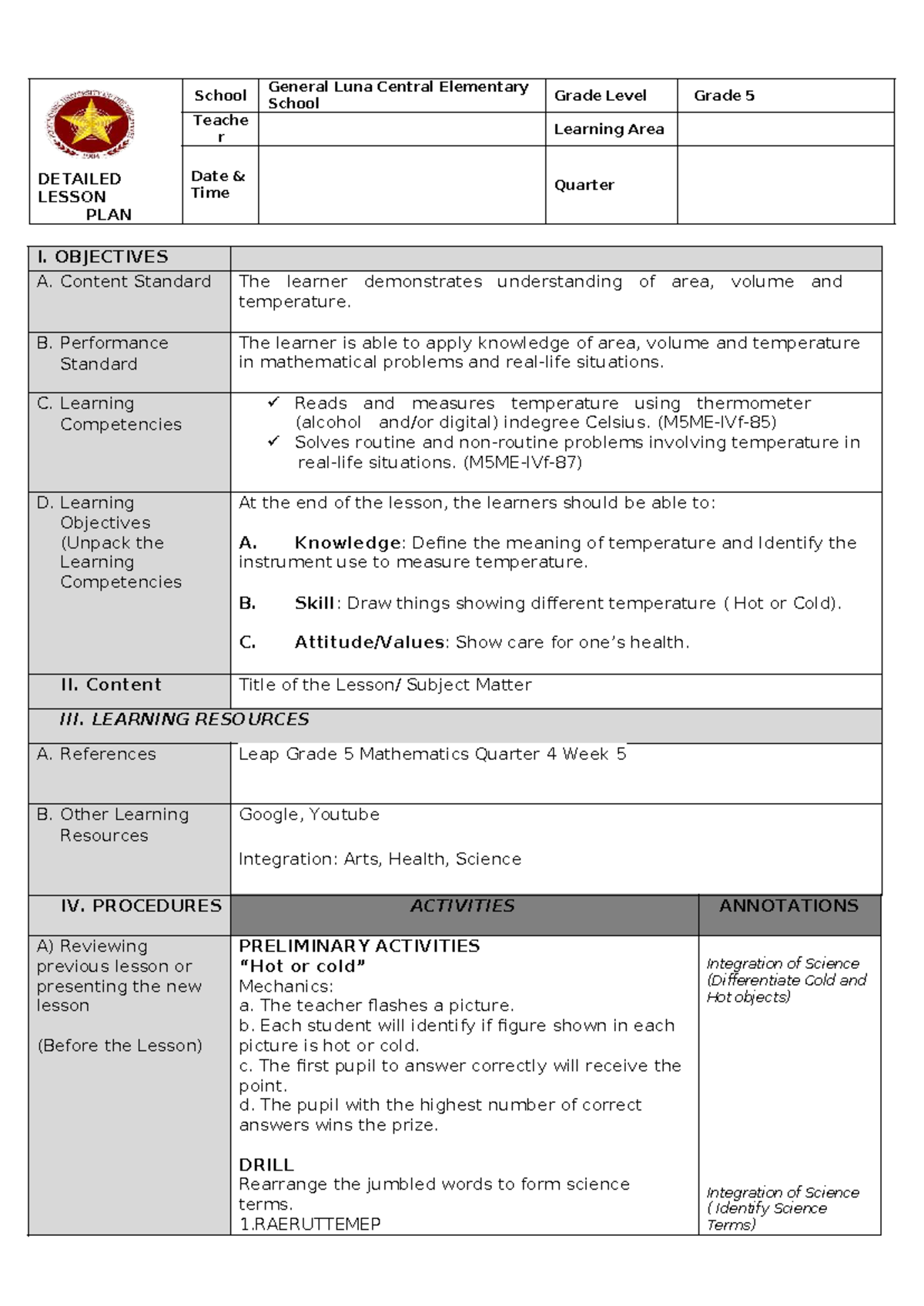 BEE2 Math 5 Detailed Lesson Plan on Temperature Measurement - Studocu
