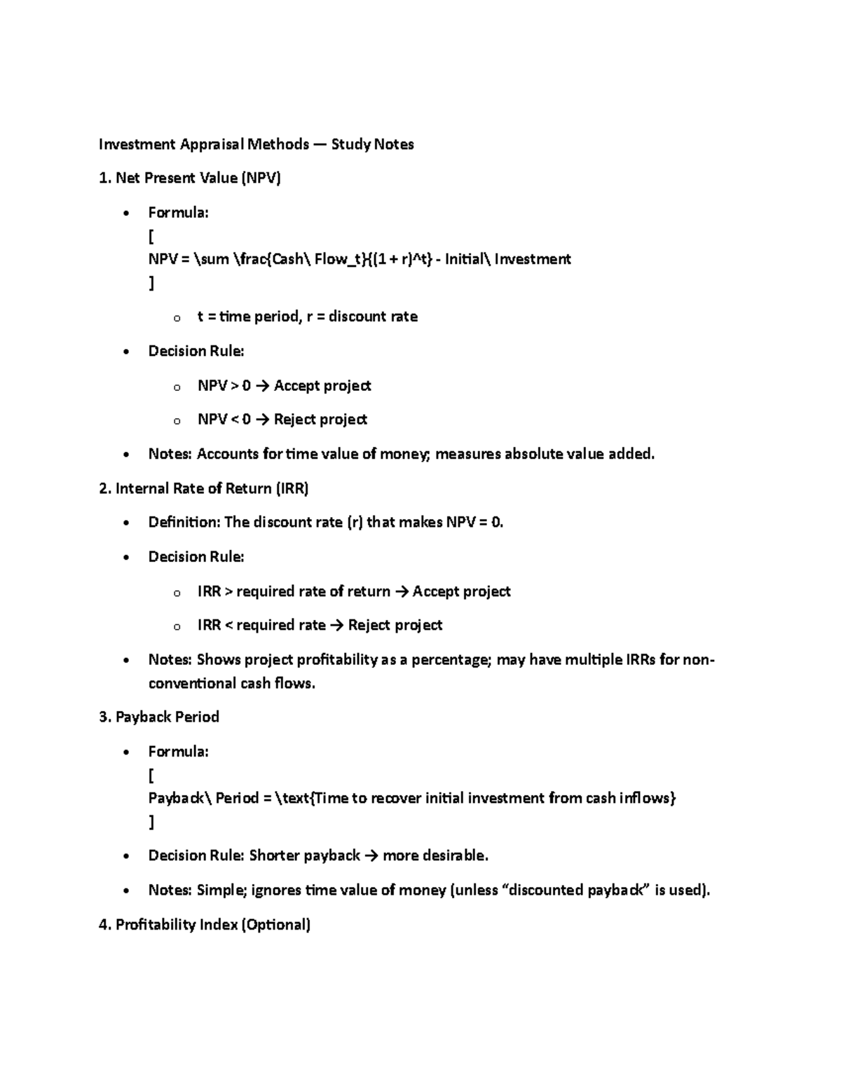 Investment Appraisal Methods Study Notes: NPV, IRR, Payback Period ...