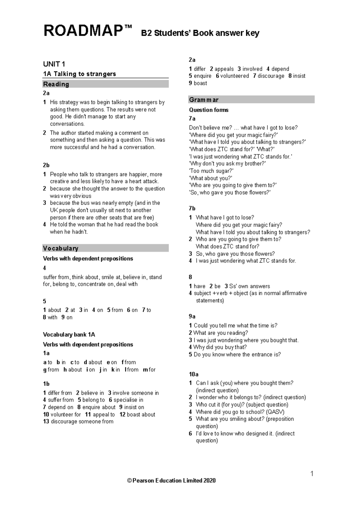 RM B2 SB AK - RM2 - ROADMAP B2 Students’ Book answer key 1 UNIT 1 1A Talking to strangers ...