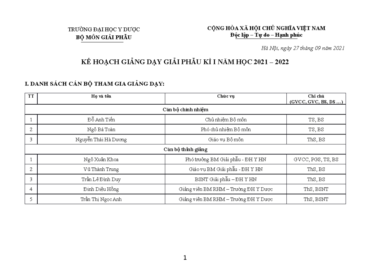 Kế Hoạch Giảng Dạy Giải Phẫu Kì I 2021-2022 UMP-VNU - Studocu
