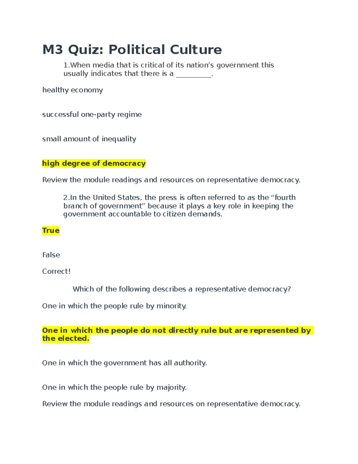 M3 Quiz: Understanding Political Culture and Democracy Concepts - Studocu