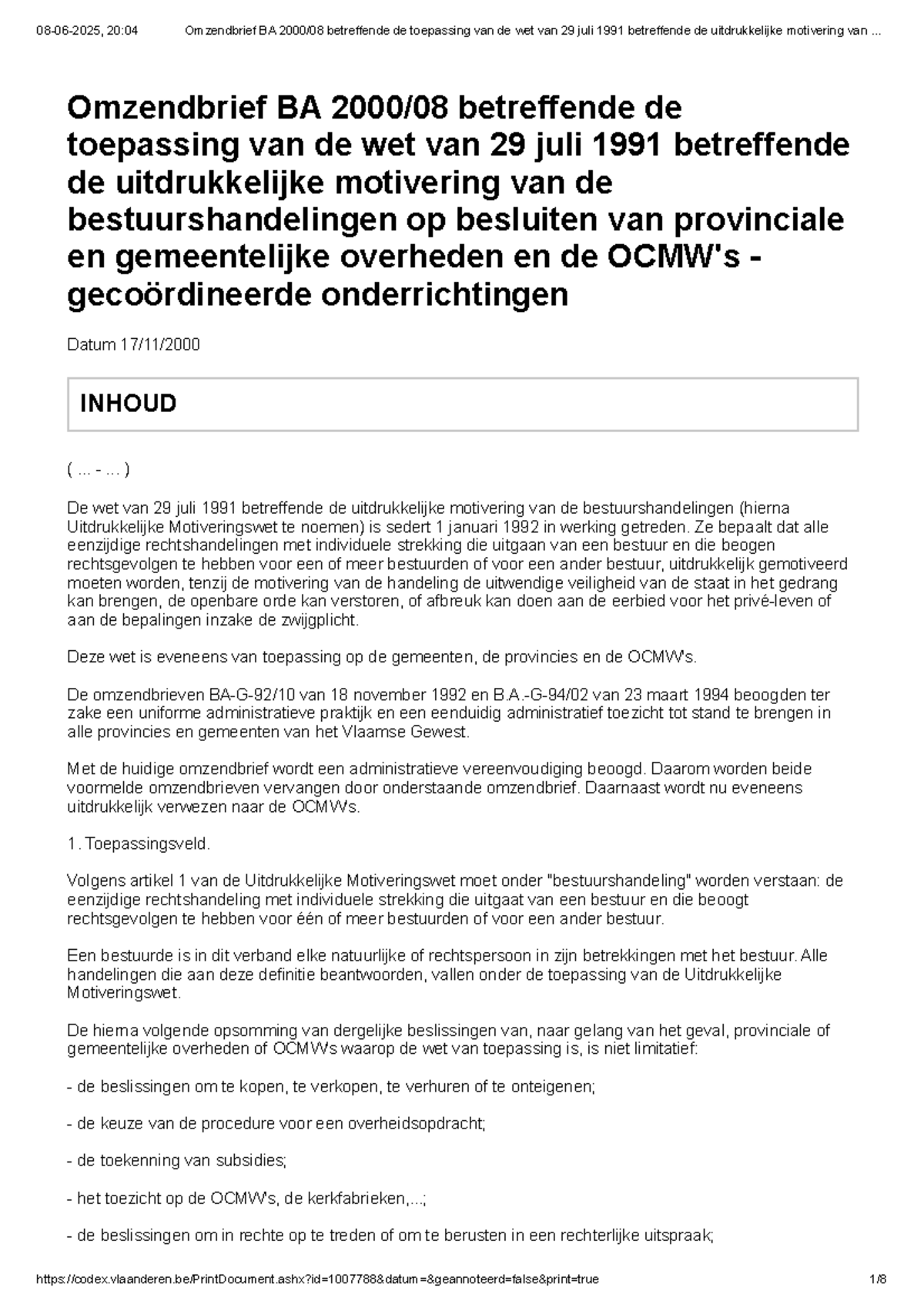 20:04 Omzendbrief BA: Toepassing van de Wet van 29 Juli 1991 over ...