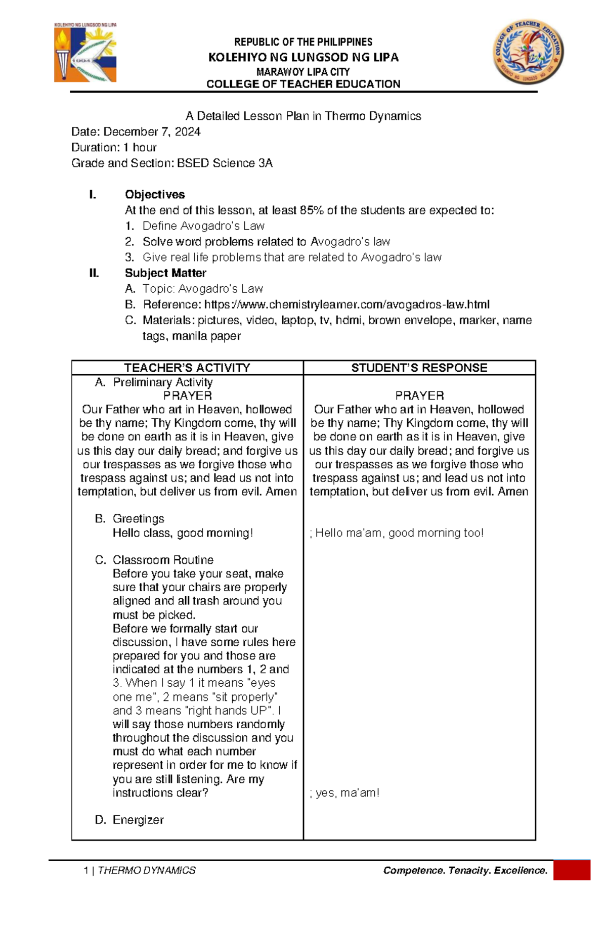BSED Science 3A: Detailed Lesson Plan on Avogadro's Law - Studocu