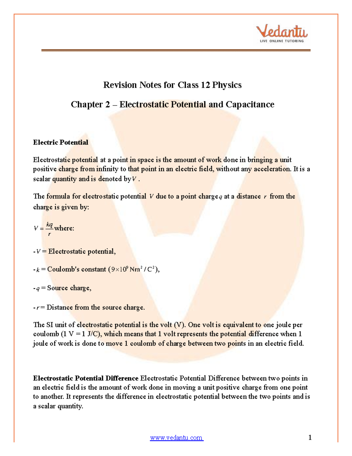 Physics Class 12 Chapter 2 Electrostatic Potential And Capacitance ...