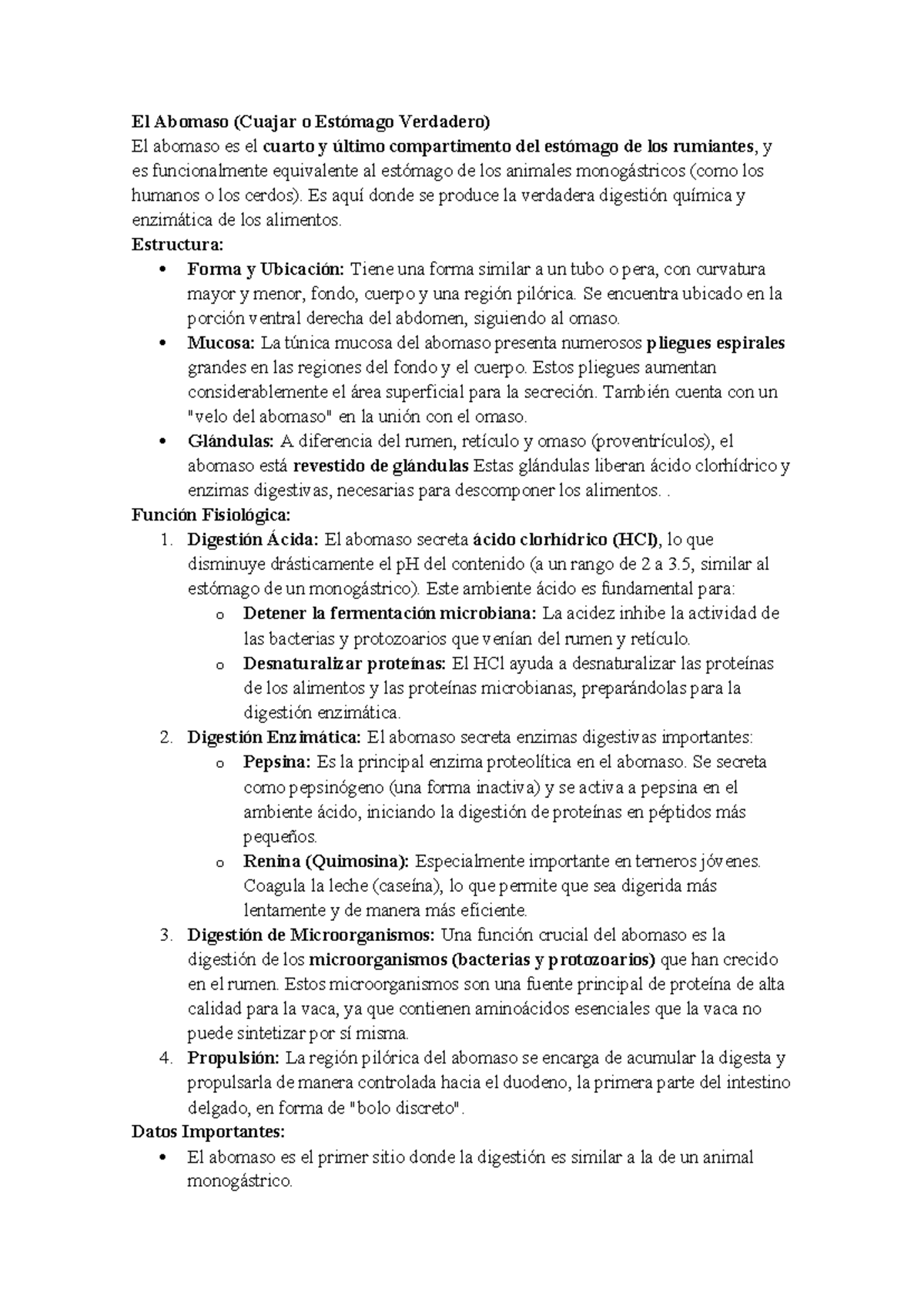 El Abomaso: Funciones y Estructura en Rumiantes - Studocu