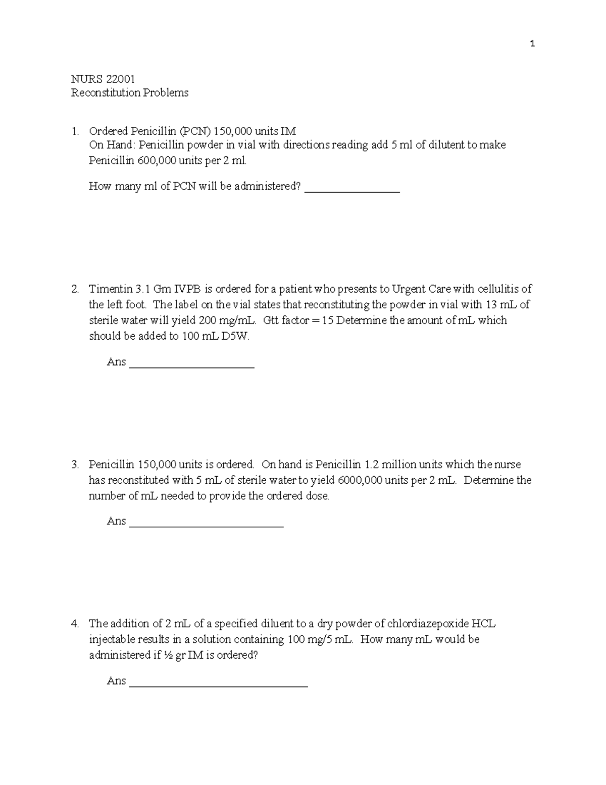 Nurs 22001 Reconstitution Problems: Medication Dosage Calculations ...