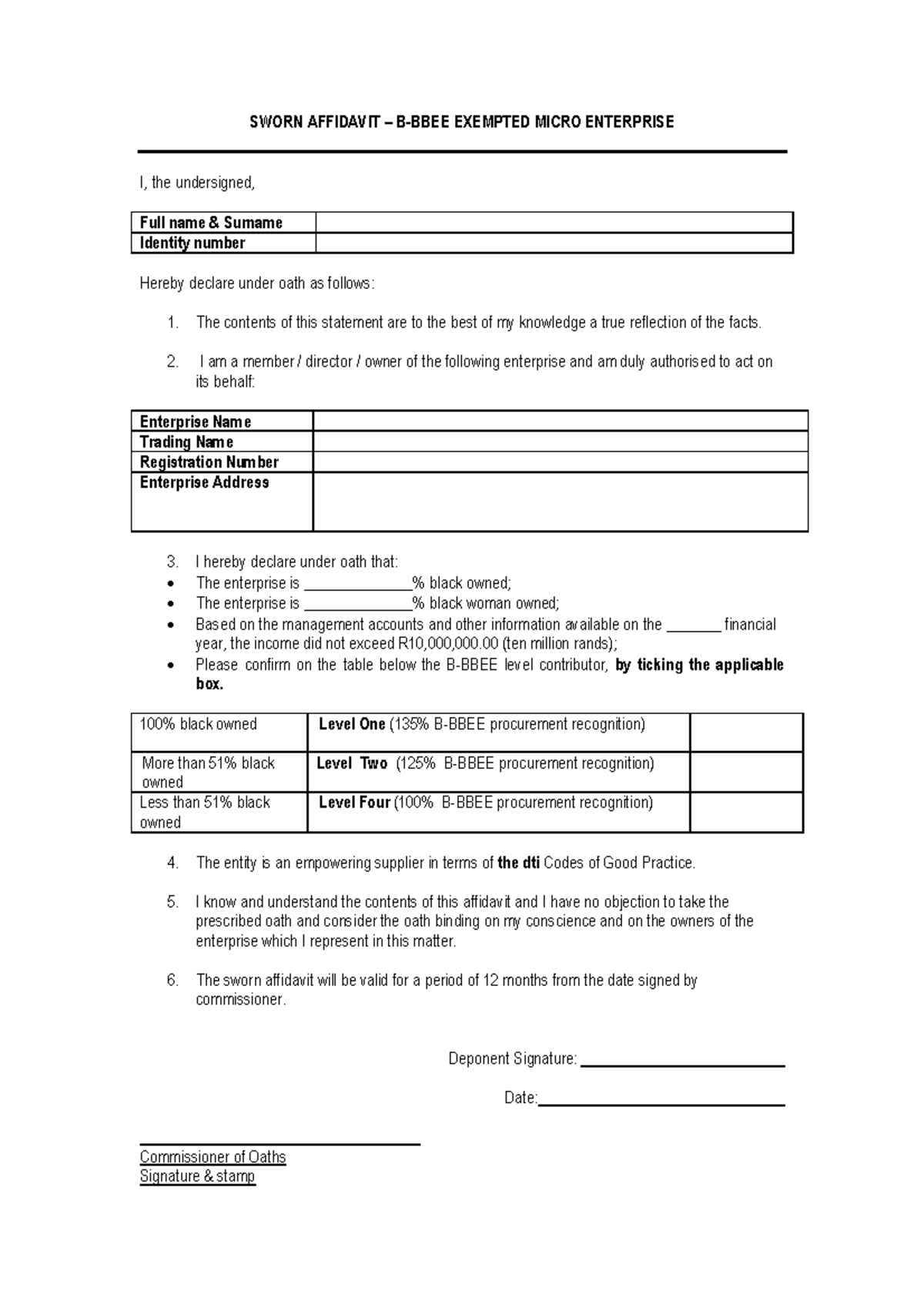 B-BBEE Affidavit template for EME - SWORN AFFIDAVIT – B-BBEE EXEMPTED ...