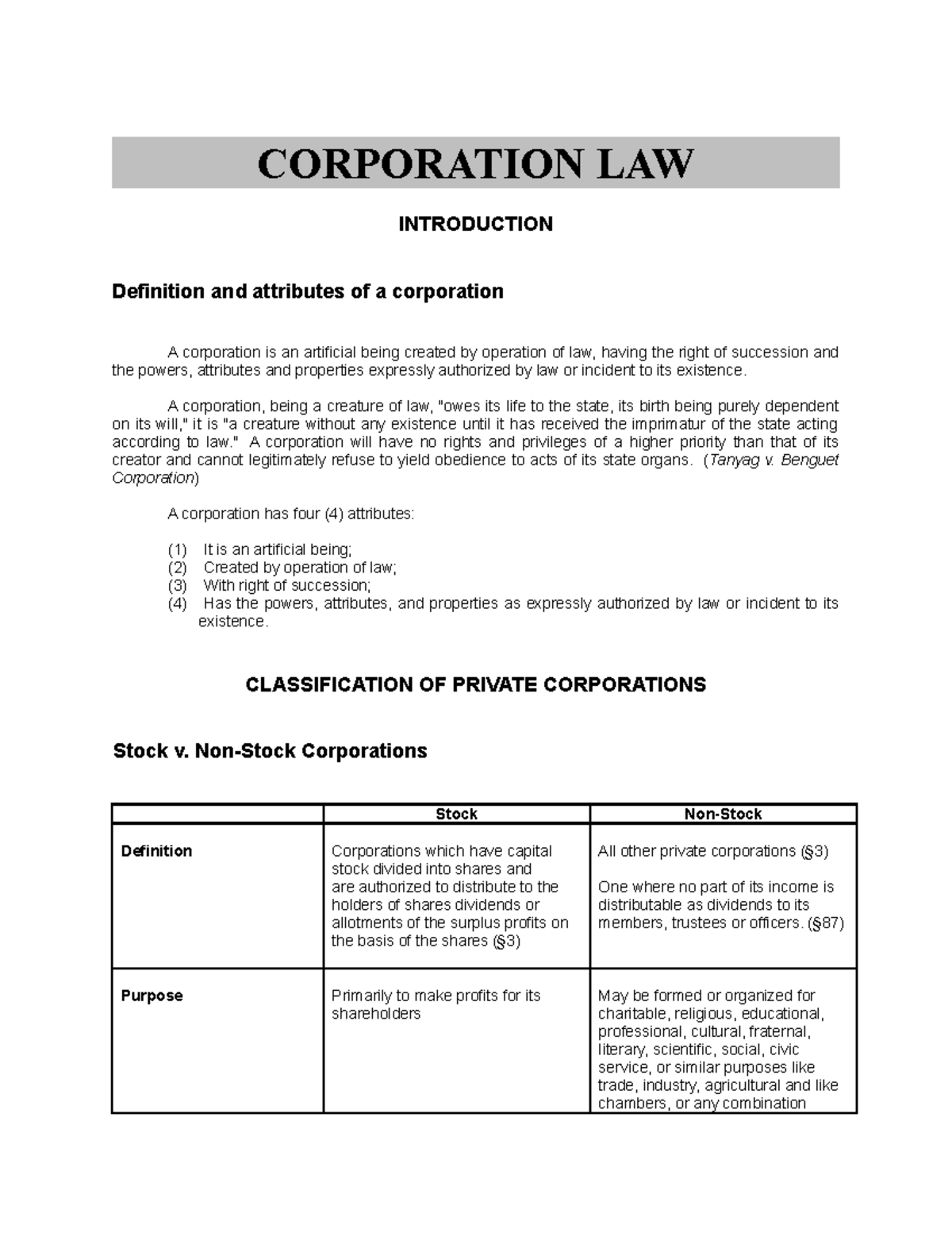 Corporation LAW - Summary of Corporate Structure and Attributes - Studocu