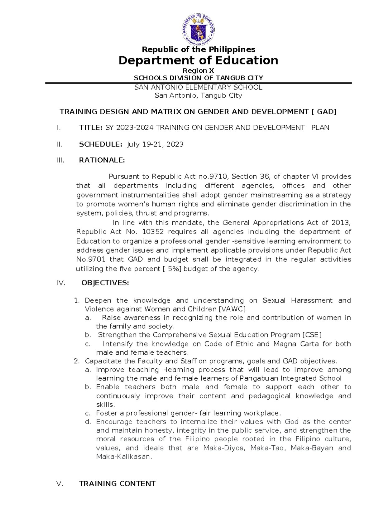 2023-2024 Gender and Development Training Design & Matrix [GAD] - Studocu