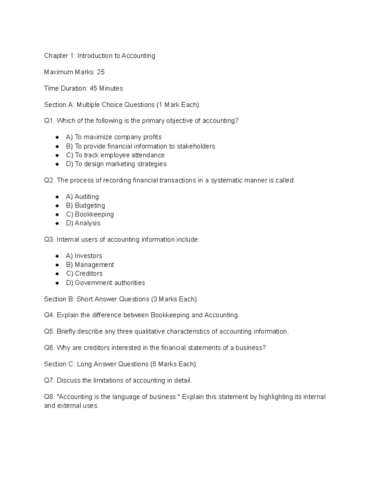 Chapter 1: Intro to Accounting (Max Marks: 25, 45 Min) - Studocu