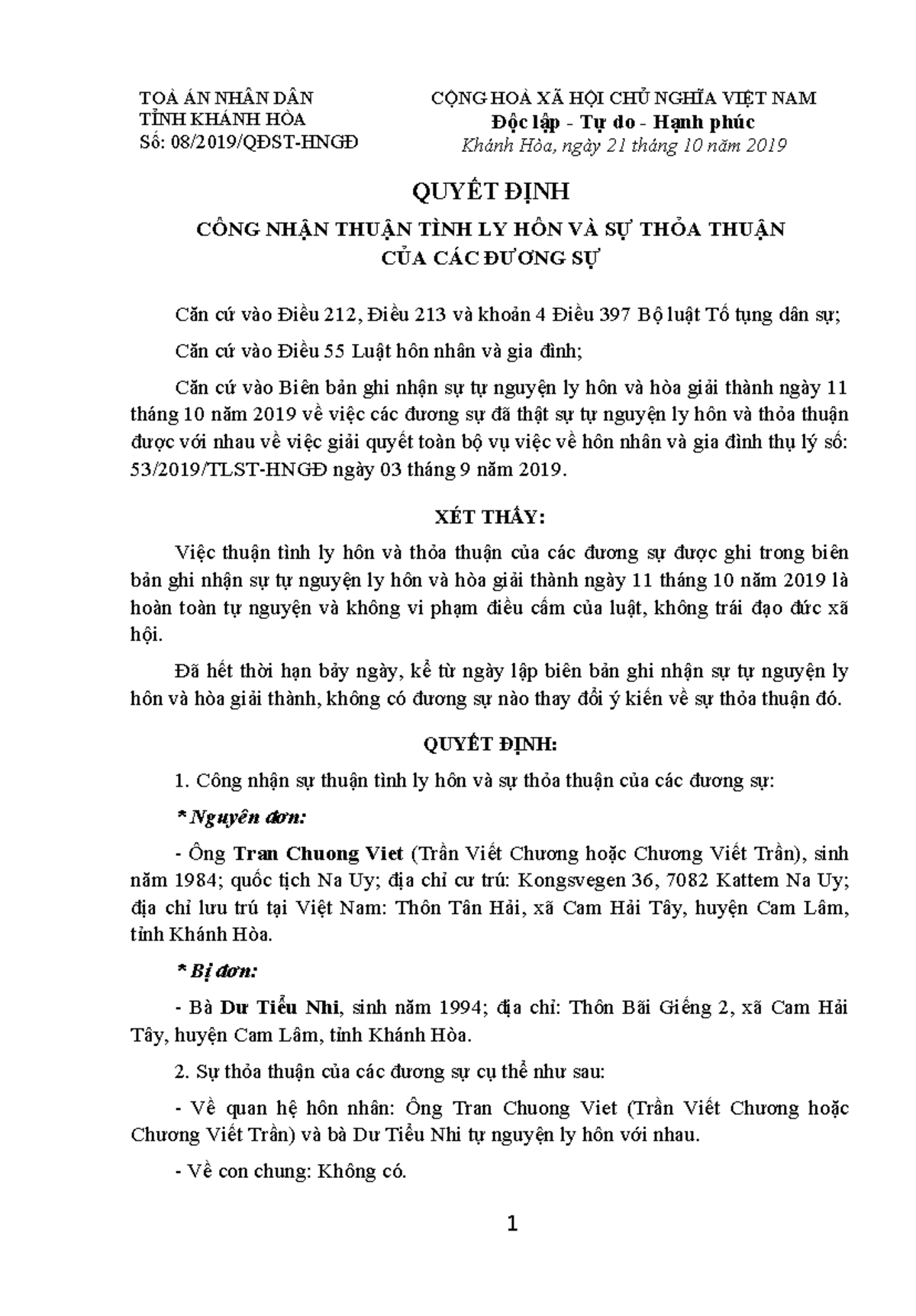 QĐ Công Nhận Thuận Tình Ly Hôn Chương - Nhi Tại Khánh Hòa - Studocu