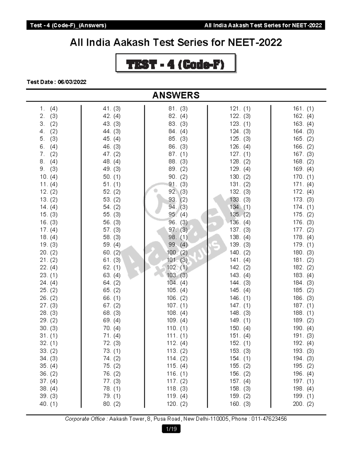 All India Aakash Test Series: Test 4 Solutions and Answers - Studocu