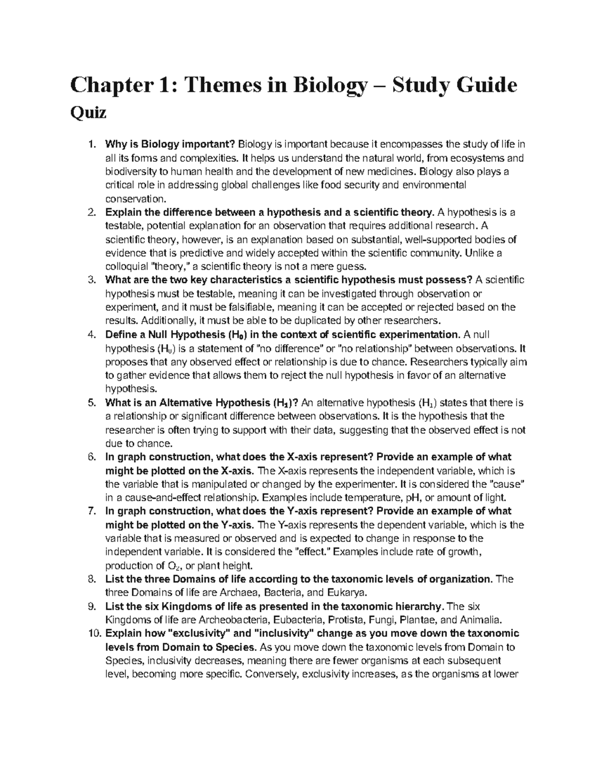 Biology Study Guide: Hypotheses, Scientific Method & Taxonomy Quiz 1 ...