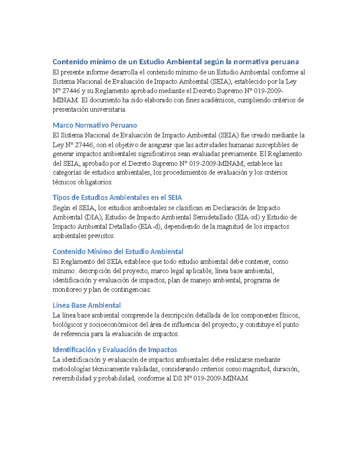 Informe sobre el Contenido Mínimo de un Estudio Ambiental SEIA Perú ...