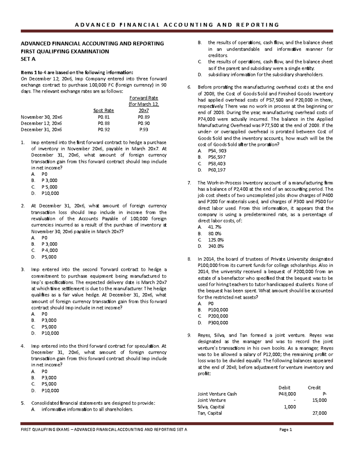 Advanced Financial Accounting & Reporting: Qualifying Exam Set A - Studocu