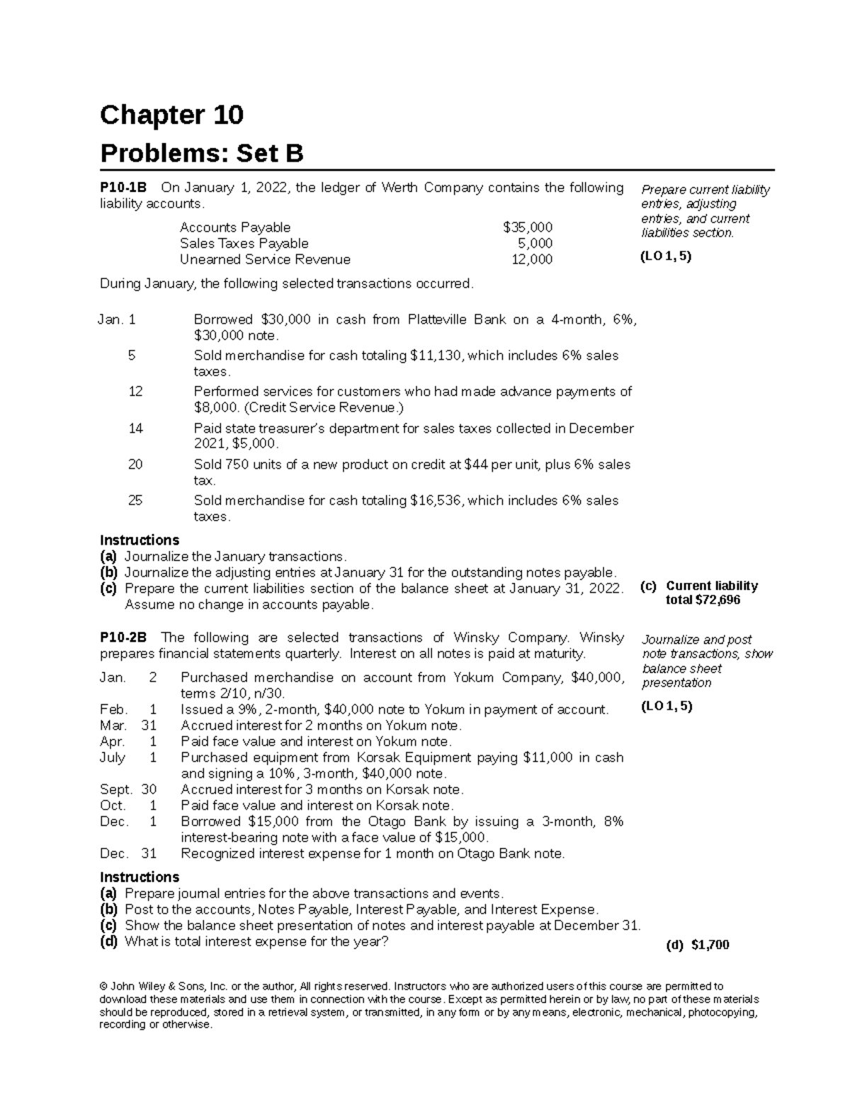 Chp10-probem set B-Wiley - Chapter 10 Problems: Set B P10-1B On January 1, 2022, the ledger of ...