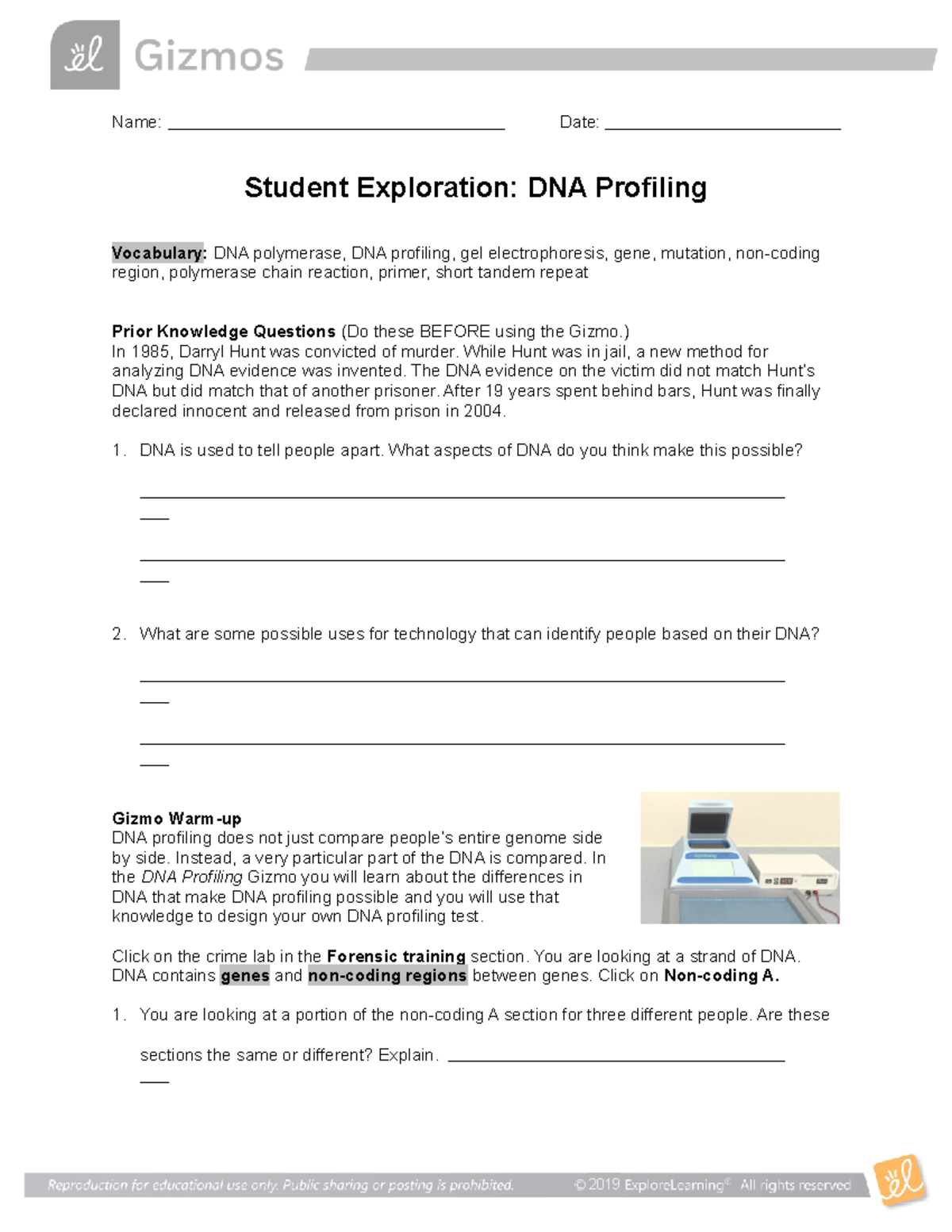 Gizmos DNA Profiling Worksheet - Name: Date: Student Exploration: DNA ...