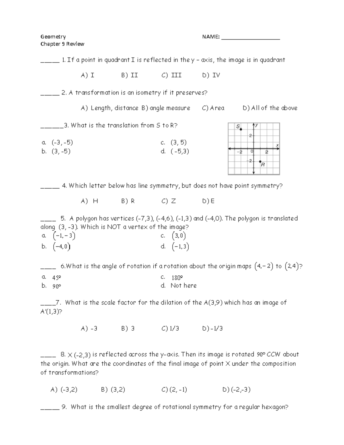 Geometry 101: Chapter 9 Transformations Review Questions - Studocu