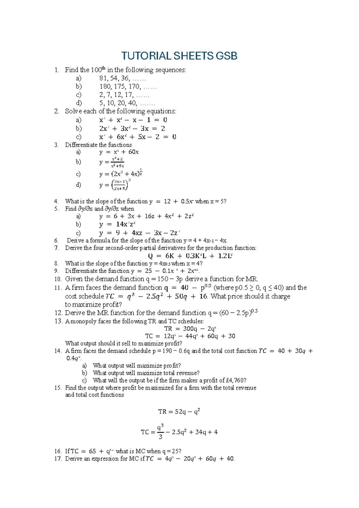 Tutorial Sheet GSB: Sequences, Derivatives, and Profit Maximization ...