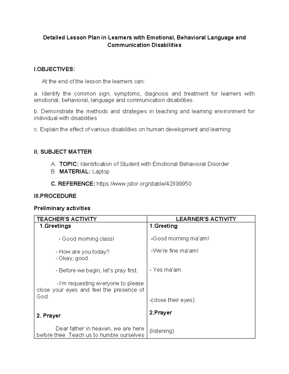 Lesson Plan for Learners with EBD: Strategies & Identification ...