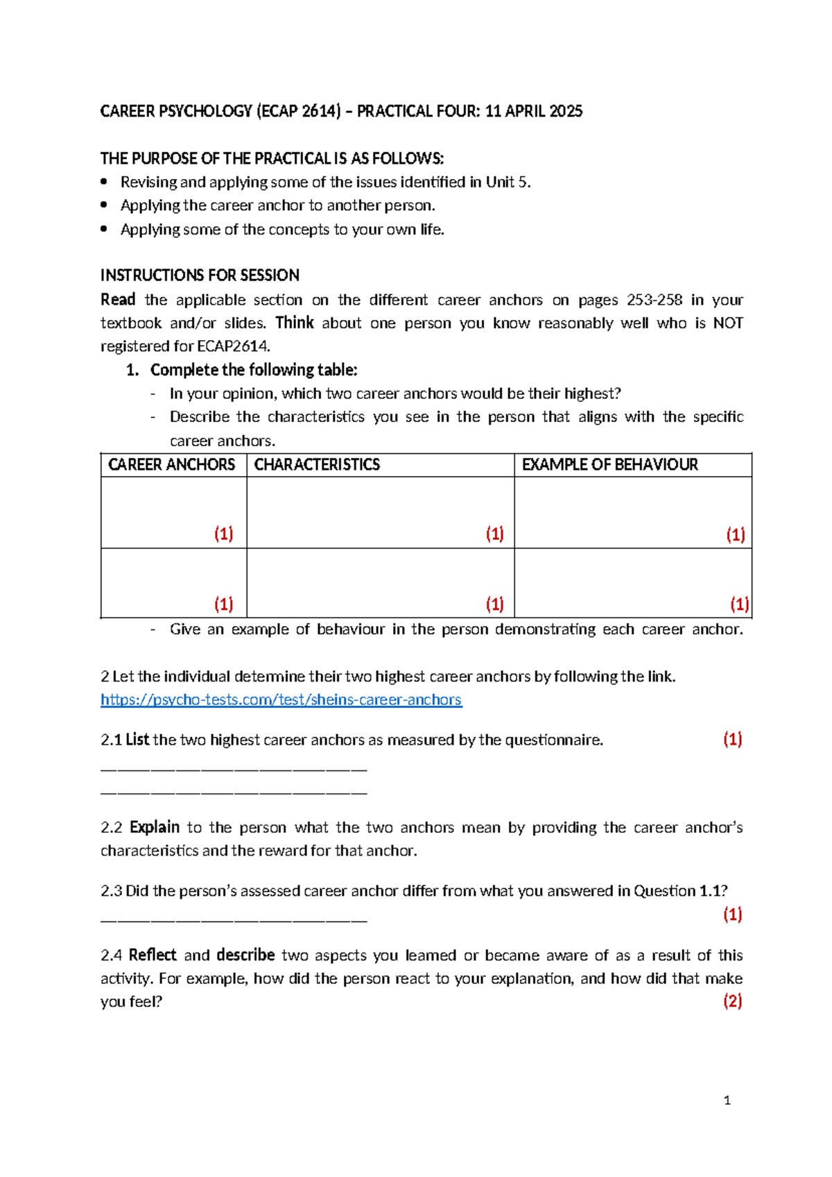 Career psychology (ECAP 2614) practical four: applying career anchors ...