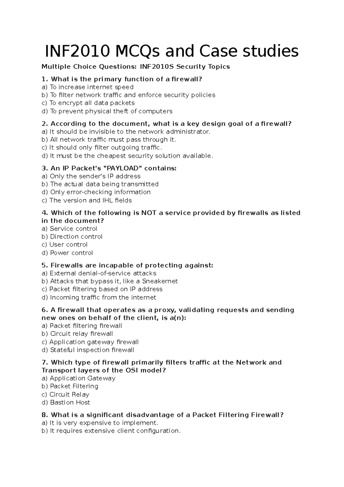 INF2010 Week 6 MCQs & Case Studies on Security Topics - Studocu