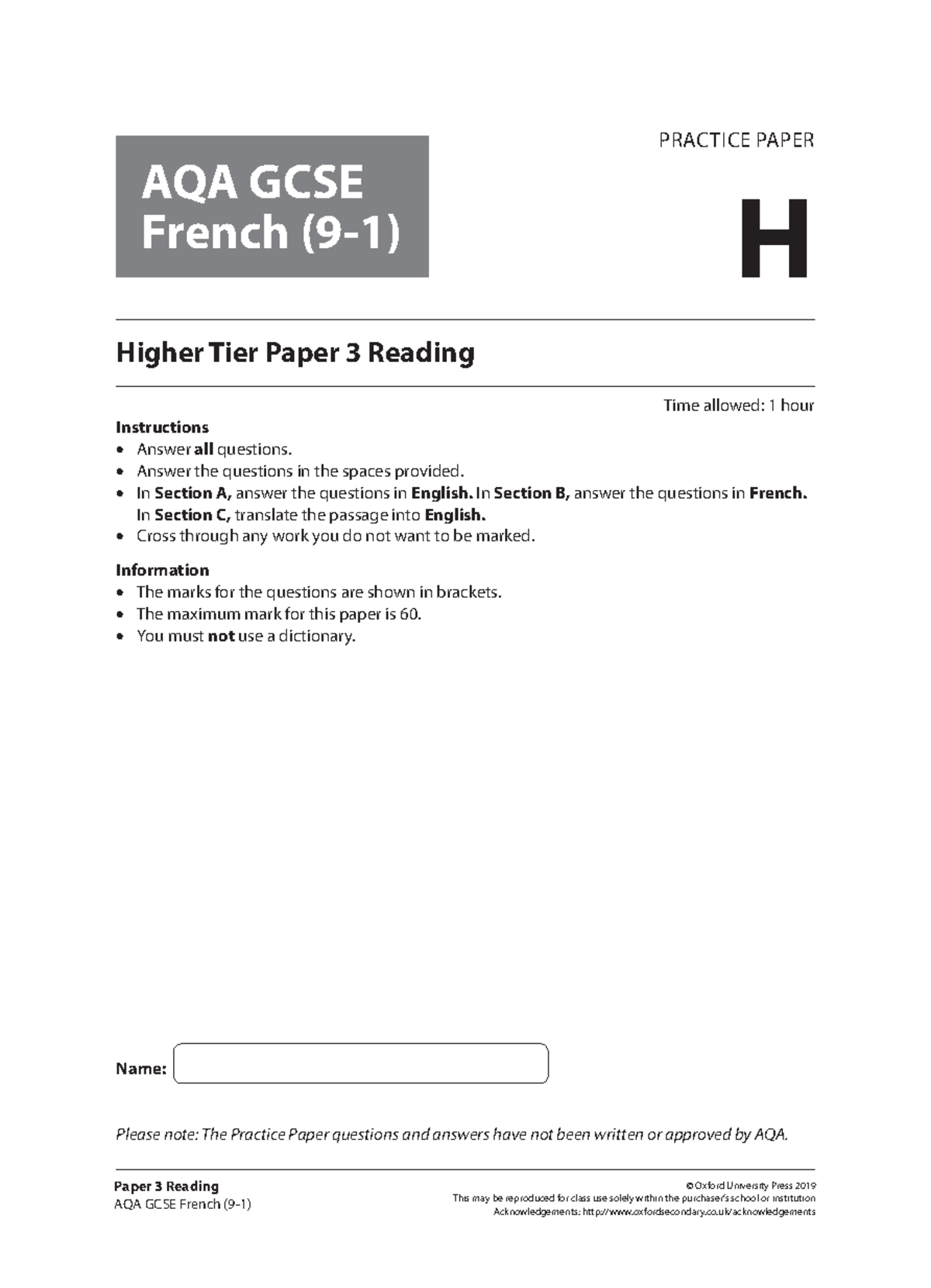 AQA GCSE French (9-1) Higher Tier Paper 3 Reading Practice Exam - Studocu