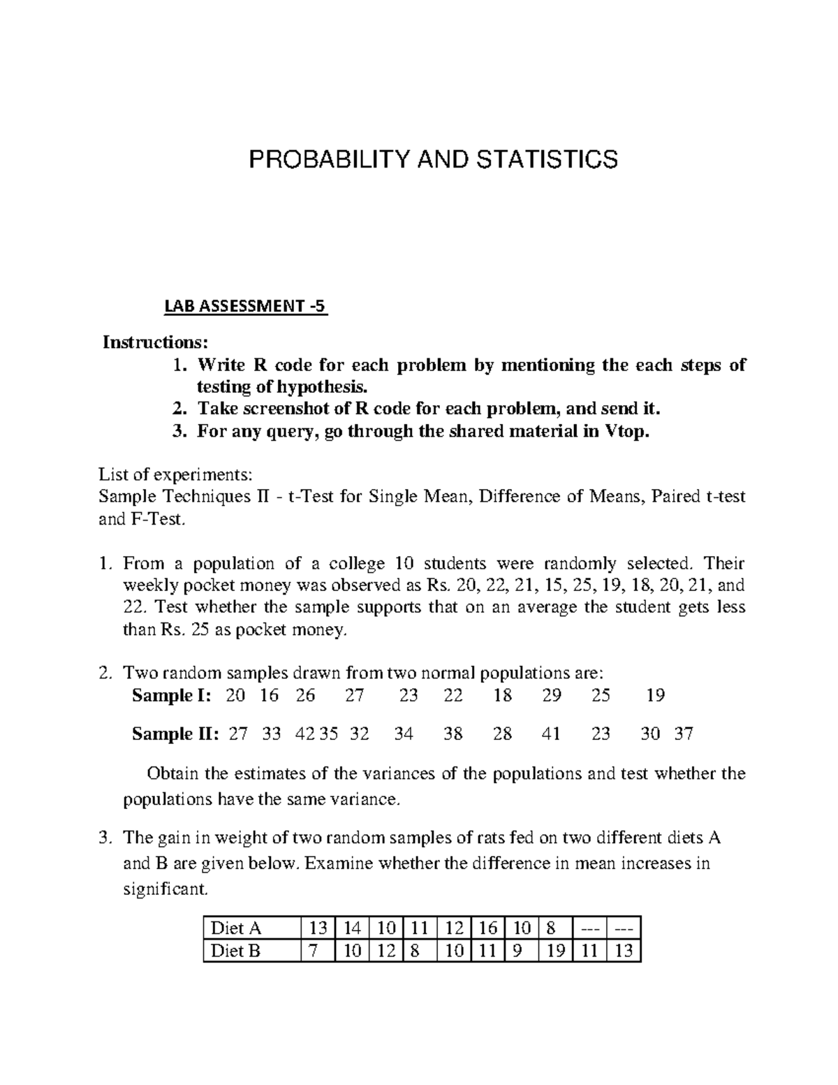 Statistics Lab 5 - School of Advanced Sciences Department of ...
