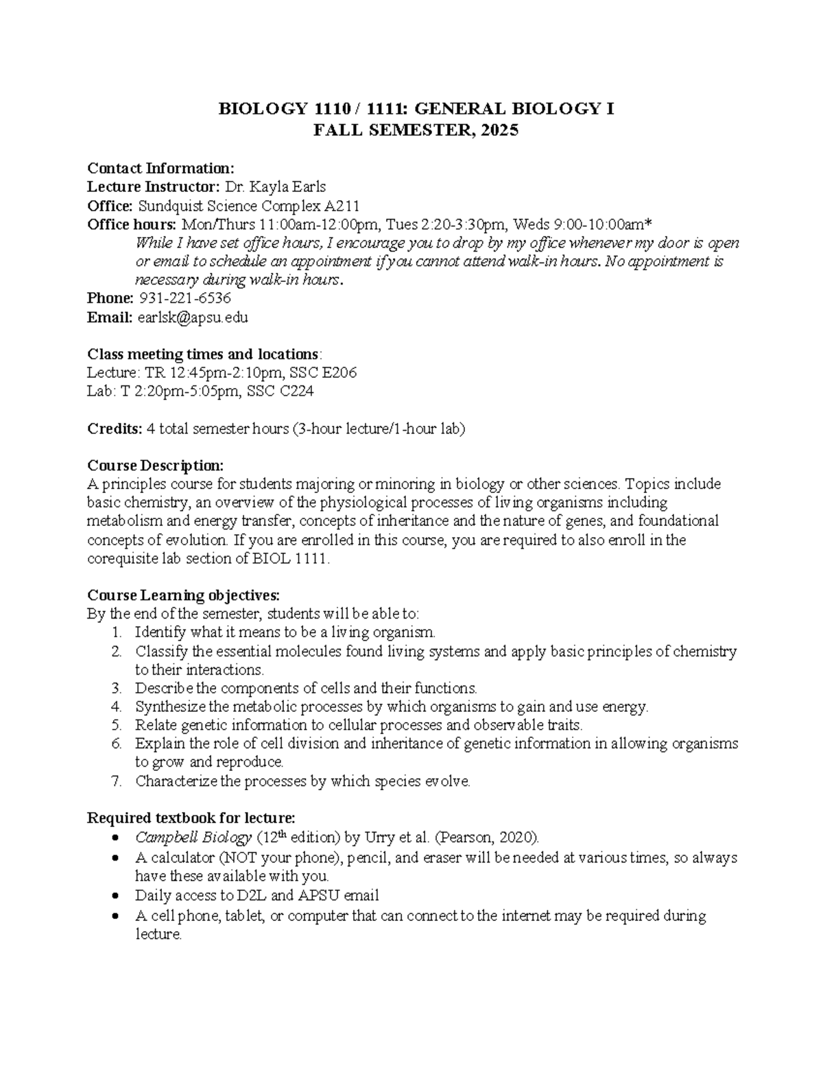 BIOL 1110/1111: General Biology I Syllabus & Schedule - Fall 2025 - Studocu