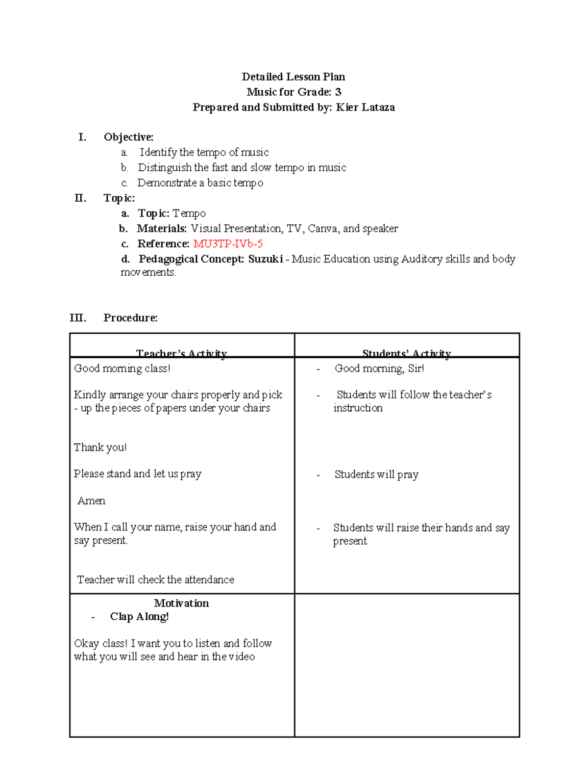 MU3TP-IVb - Detailed Lesson Plan on Tempo for Grade 3 Music - Studocu