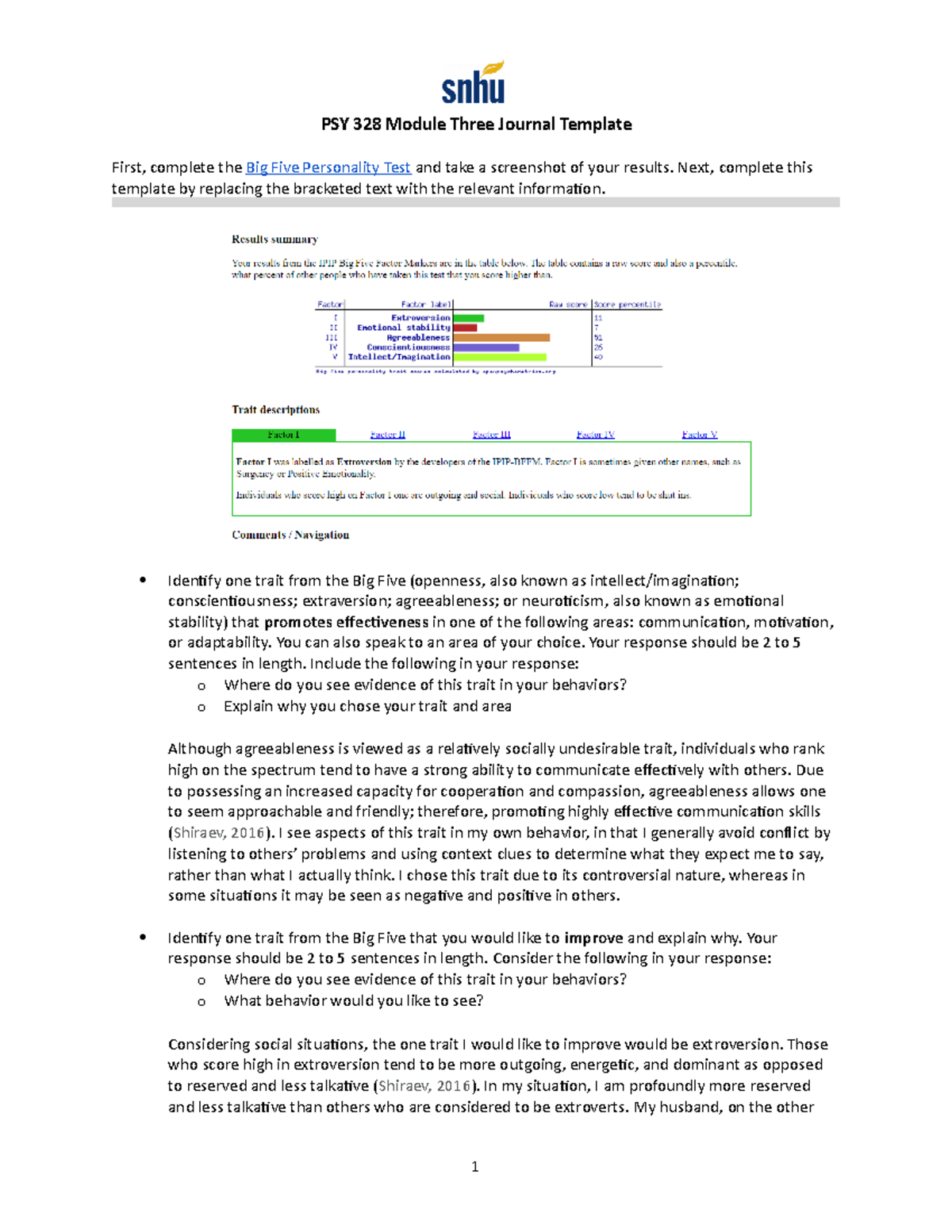 PSY 328 Module 3 Activity Journal: Big Five Personality Traits Analysis ...