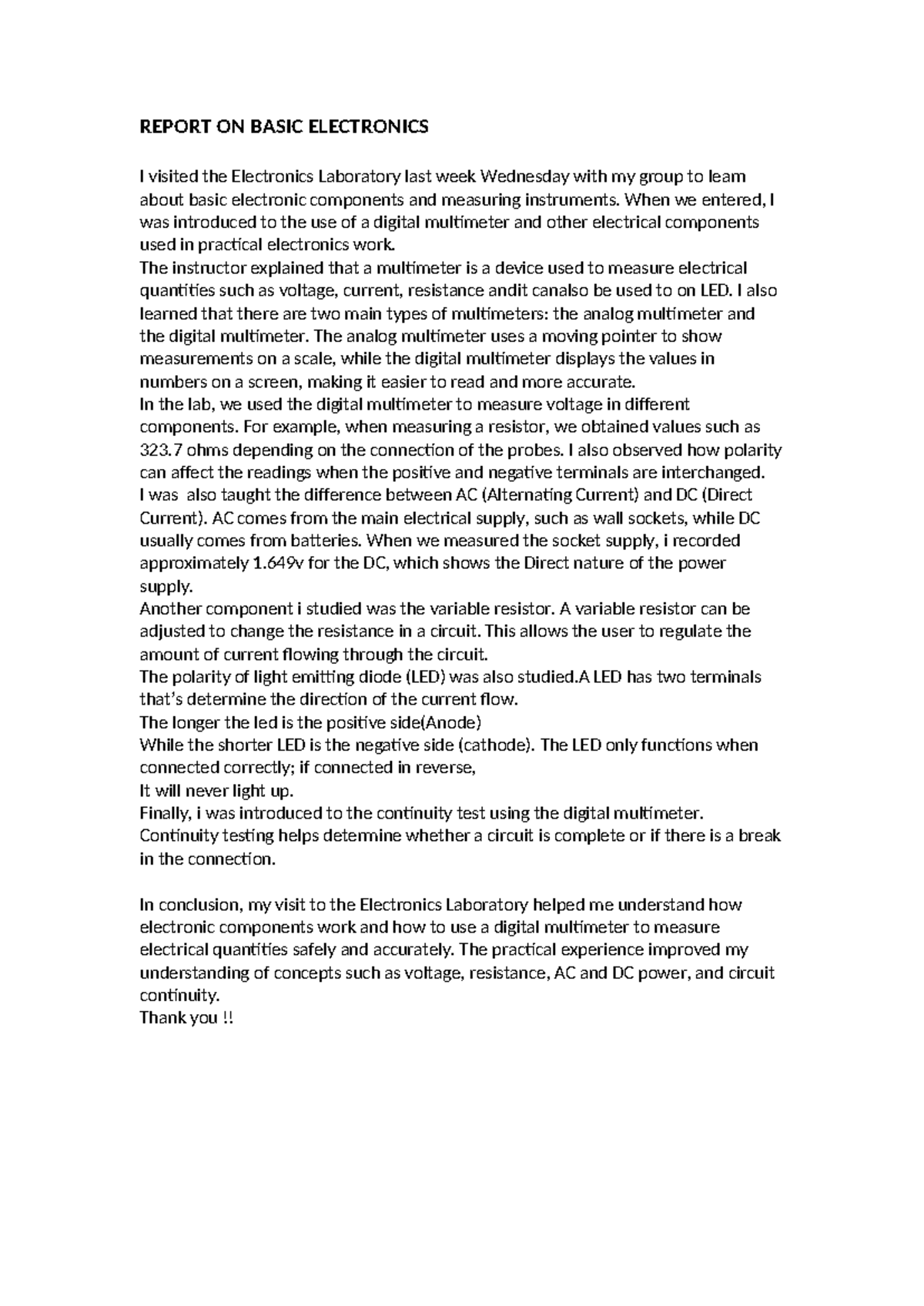 Report on Basic Electronics Lab Experience - Studocu