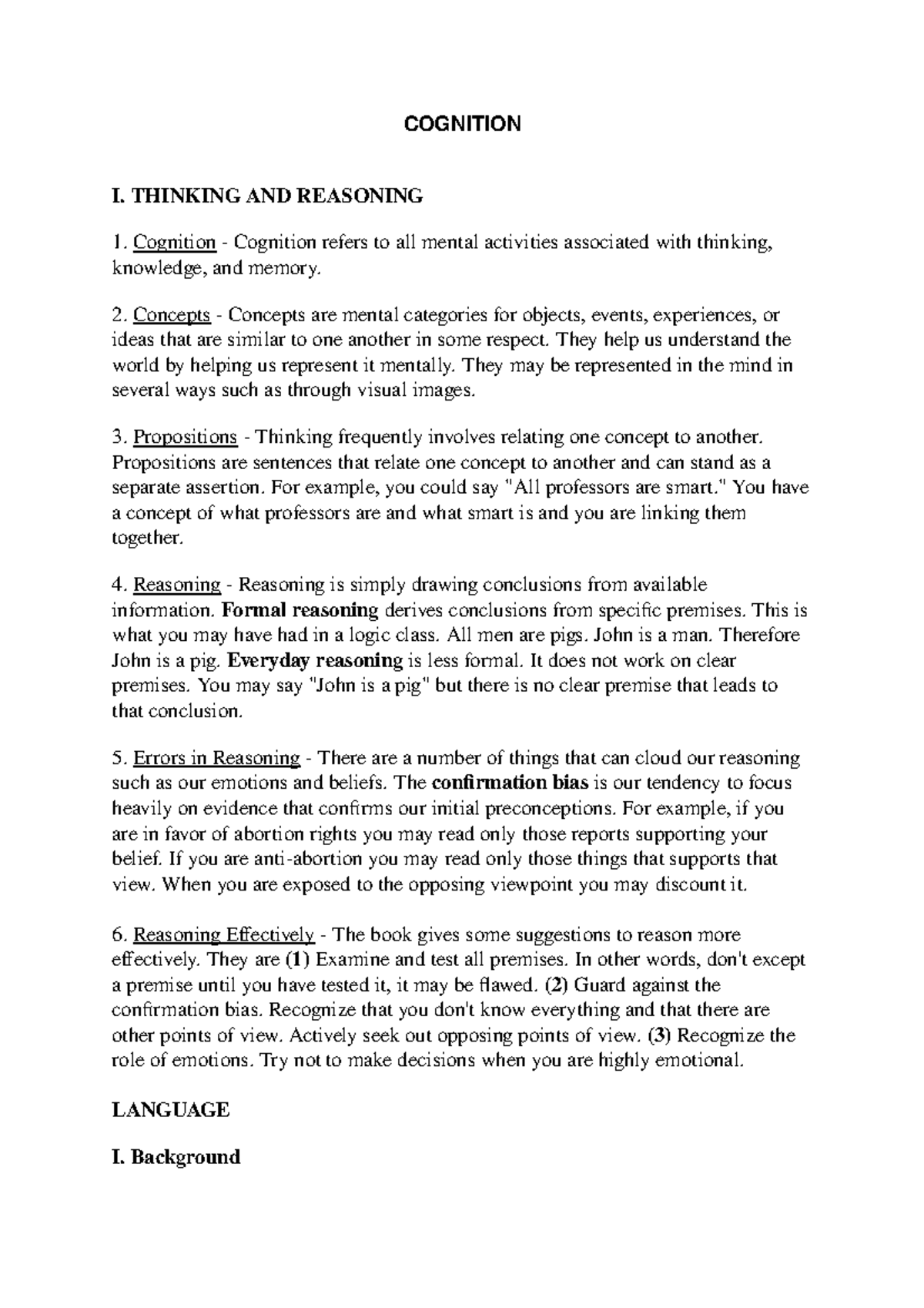 Cognition lecture notes - COGNITION I. THINKING AND REASONING 1 ...