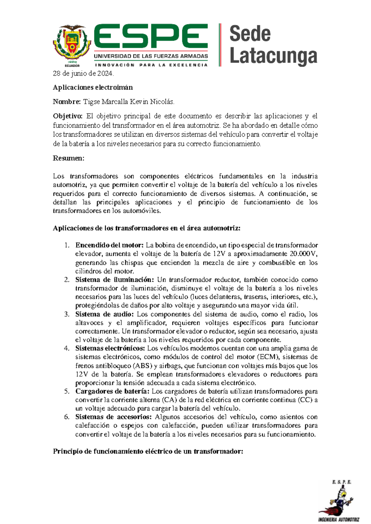 Tigse Kevin-2P Tarea Aplicación del Transformador en el área automotriz ...