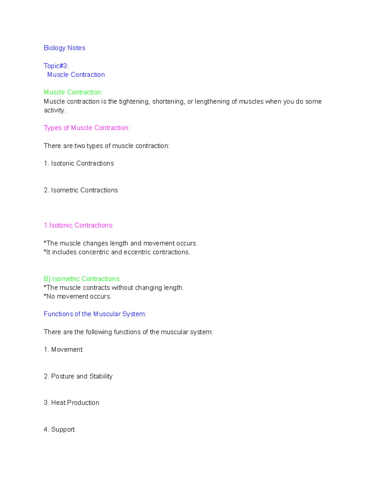 Biology Notes: Muscle Contraction & Functions of the Muscular System ...