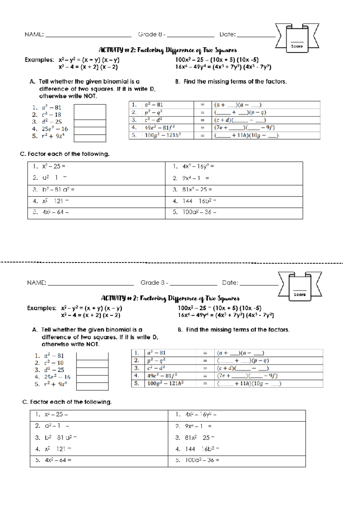 Q1 Activity 2: Factoring Difference of Two Squares - Grade 8 - Studocu